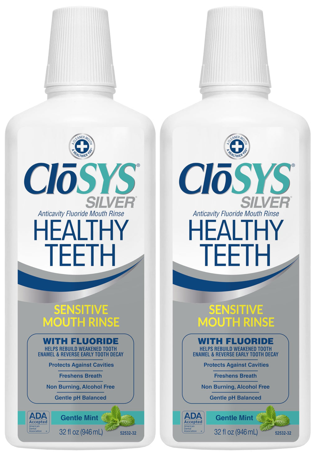 CloSYS Silver Healthy Teeth Anti-Cavity Oral Rinse, 32 Fl Oz (Pack of 2 ...